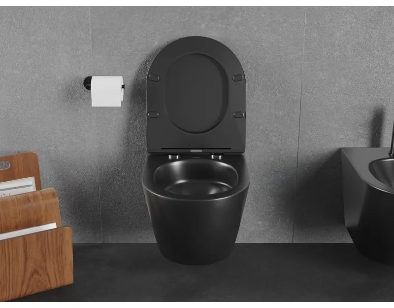 Mexen Lena, závěsná WC mísa 490x360x340 mm, Rimless Tornádo + WC sedátko z duroplastu, černá matná, 30221085T