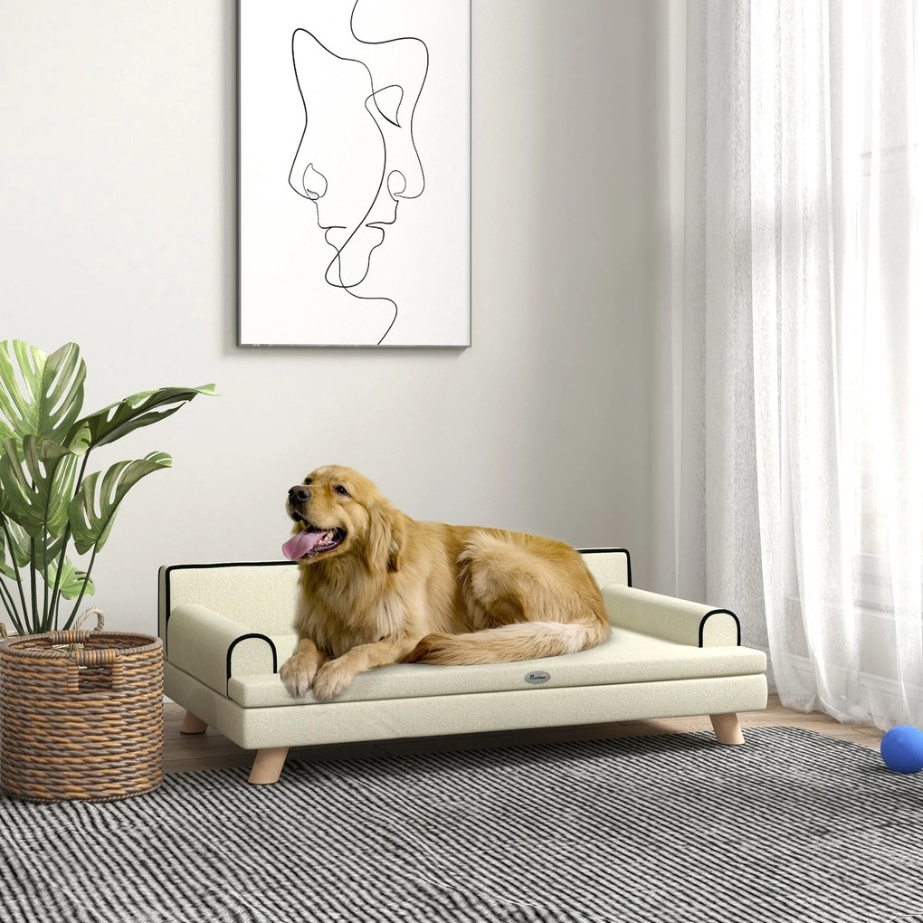Pohovka pro psy a kočky PawHut ve skandinávském designu s huňatým snímatelným polštářem a masivními dřevěnými nohami 100 x 62 x 32 cm Béžová | Aosom
