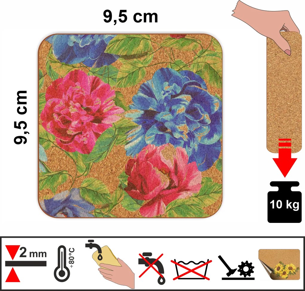 PokojovaDekorace.cz, Korkové podtácky s potiskem - 553, 9,5x9,5cm, sada 6 ks
