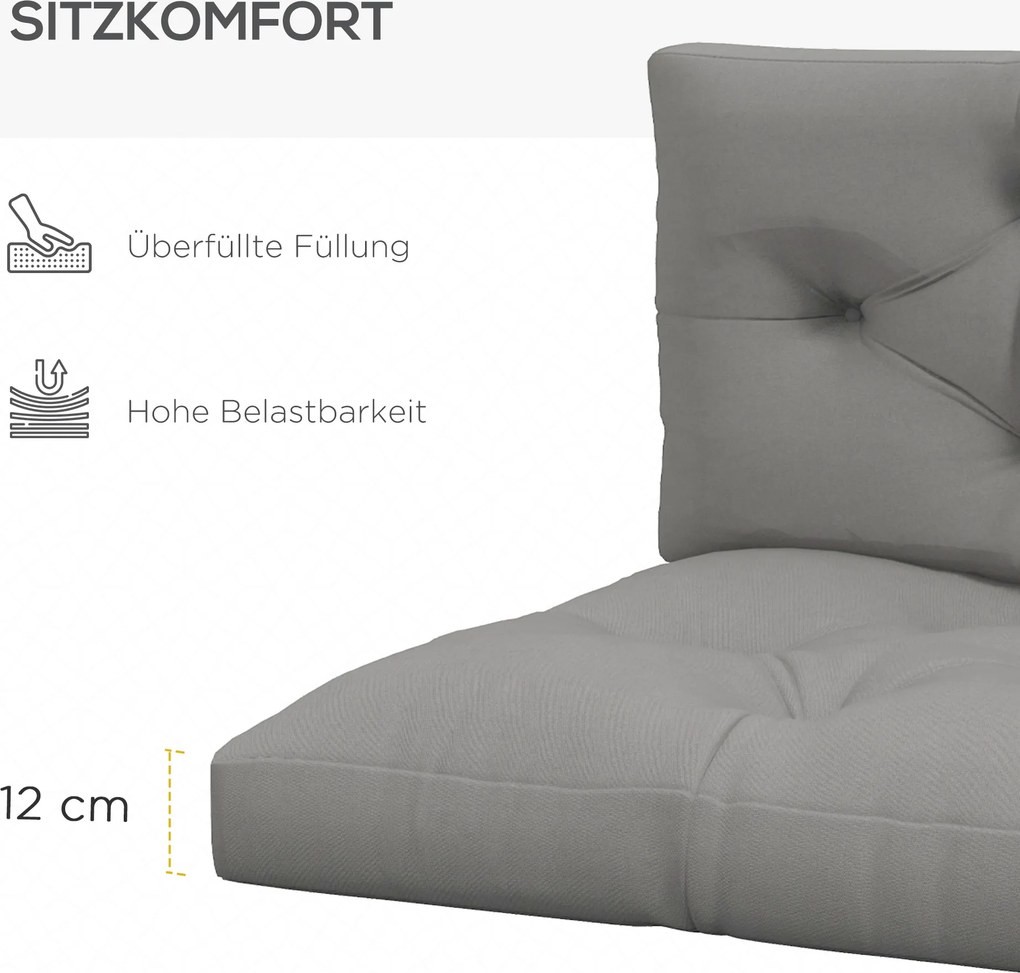 Outsunny 2dílná sada polštářů na paletovou sedačku – sedák 120 × 80 × 10 cm + opěrka 120 × 40 × 10 cm, UV-odolné a voděodolné, světle šedé