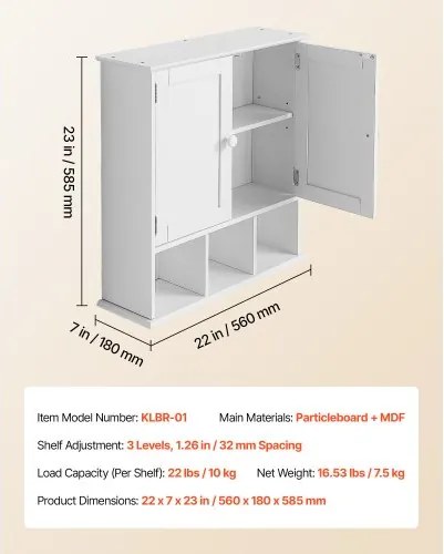 Koupelnová nástěnná skříňka, 2 dveře a nastavitelná police VEVOR – 560 × 180 × 585 mm