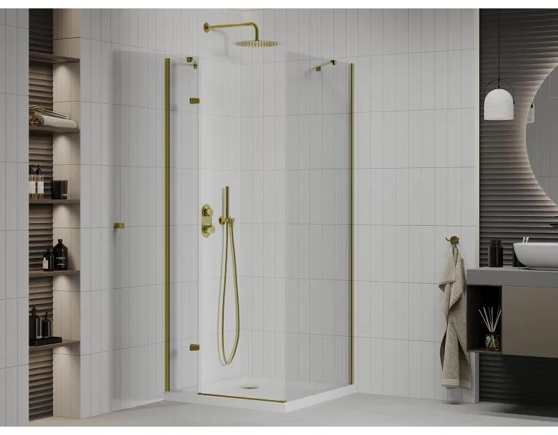 Mexen Roma sprchový kout s otočnými dveřmi 70 x 70 cm, Průhledné, Zlatá + sprchová vanička Flat - 854-070-070-50-00-4010