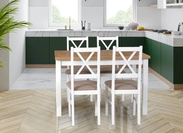 Jídelní sestava DX 34 odstín dřeva (židle + nohy stolu) bílá, odstín lamina (deska stolu) dub artisan, potahový materiál látka
