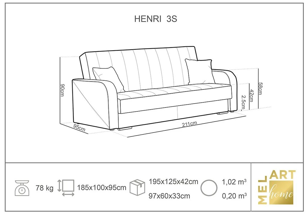 MELART Trojmístná rozkládací pohovka s úložným prostorem Henri