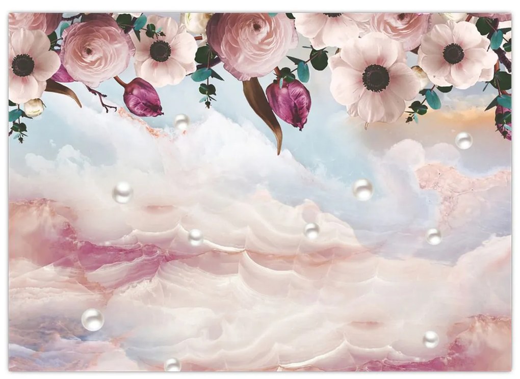 Skleněný obraz růžových květů s růžovým mramorem (70x50 cm)