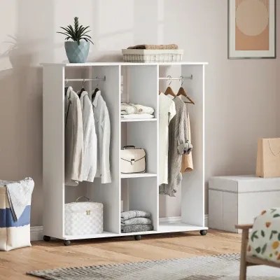 HOMCOM Dvojitá skříň-šatník mobilní úložná skříň 6 koleček 120 x 40 x 128 cm, bílá dřevěná