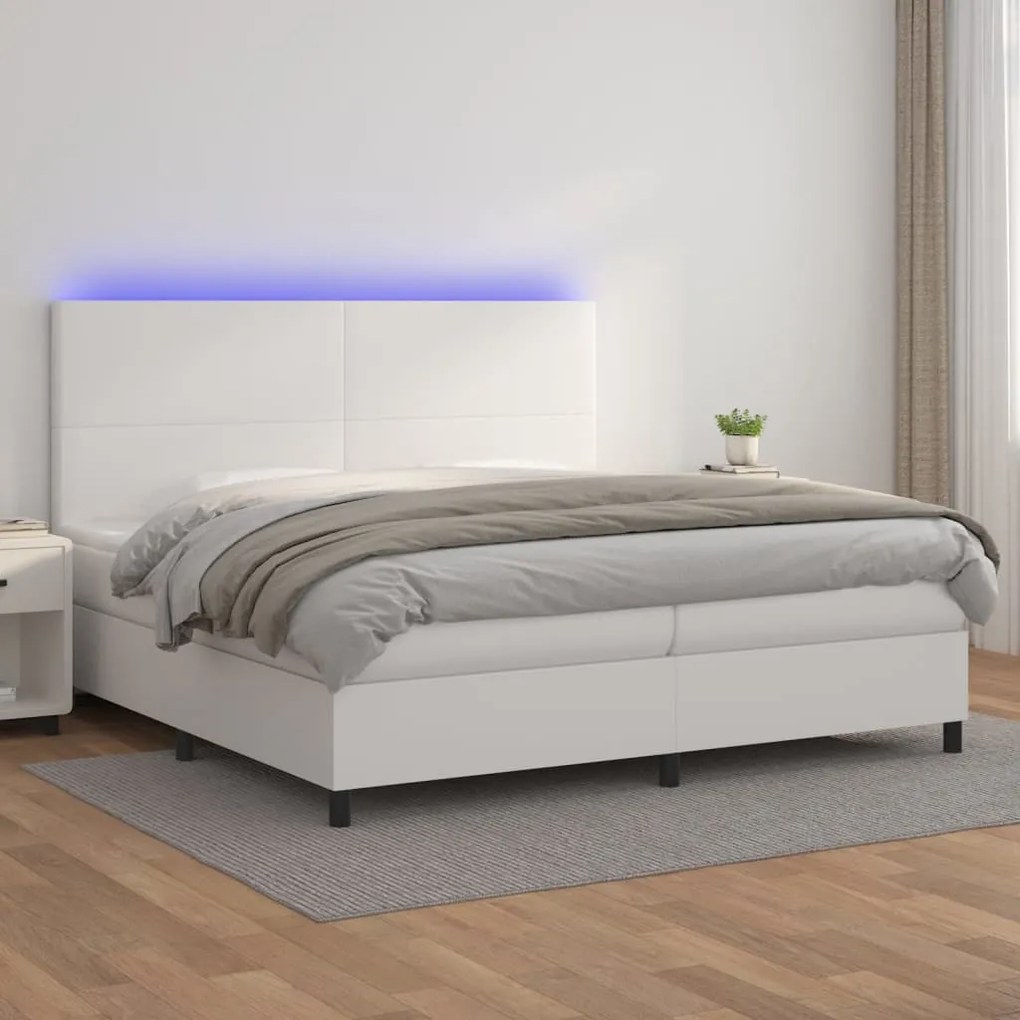 Box spring postel s matrací a LED bílá 200x200 cm umělá kůže