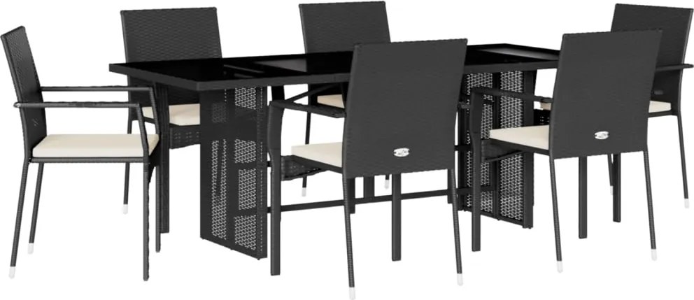 7dílný zahradní jídelní set s poduškami černý polyratan 3213494