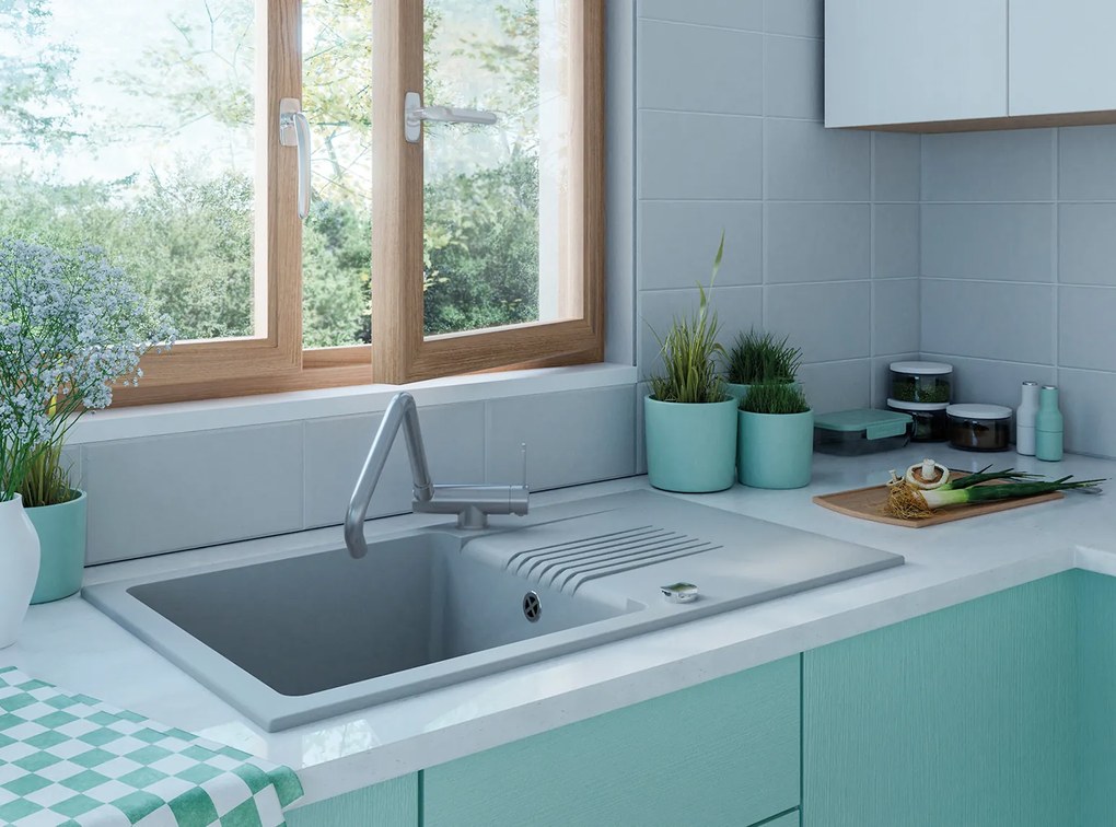 Laveo Celia, 1-komorový granitový dřez 760x440x185 mm s dlouhým odkapávačem, šedá, LAV-SBC_511T
