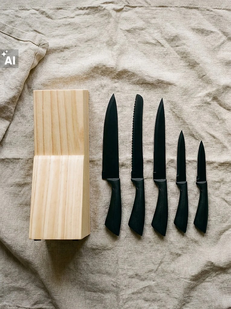 Sinsay - Sada kuchyňských nožů s dřevěným blokem 6 pack - černá