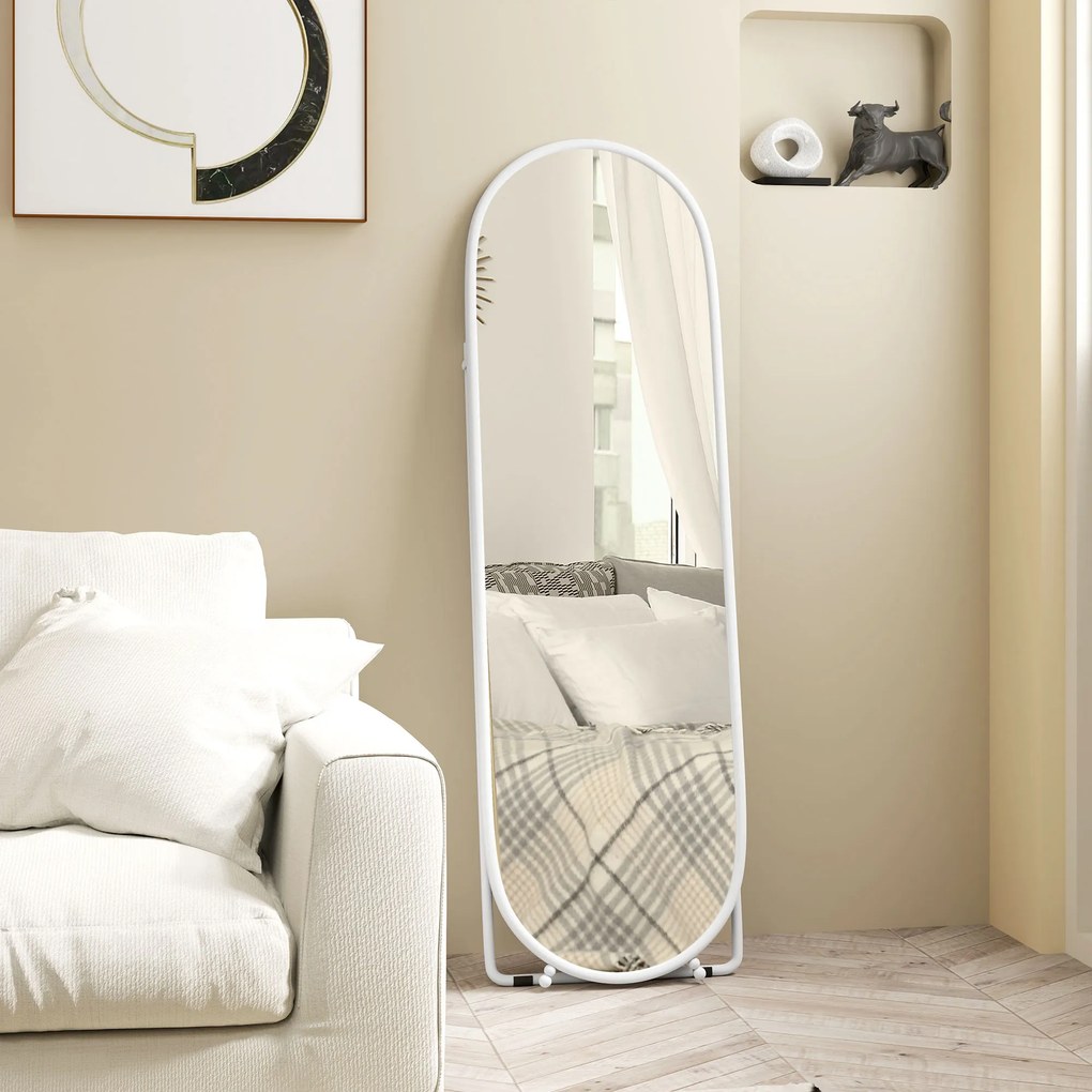 HOMCOM Zrcadlo na celé tělo, 160 x 40 cm Nástěnné zrcadlo se stojanem, Kovový rám, Oválné podlahové zrcadlo do obývacího pokoje, ložnice, Bílá