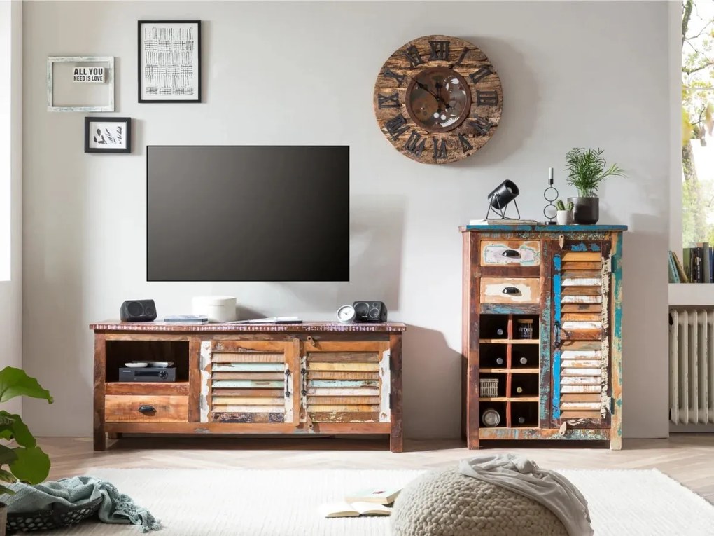 furniture-nabytek.cz - Masivní TV stolek Westhill z recyklovaného dřeva, lakovaný, vícebarevný – 150×50×60 cm
