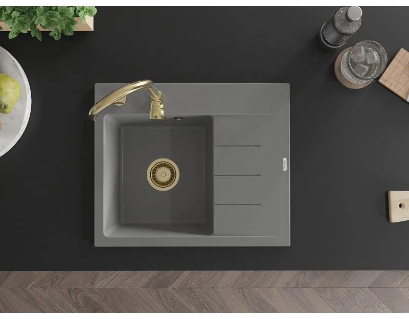 Mexen Ben, 1-komorový granitový dřez 600x500x190 mm, levý + zlatý sifon, šedá, 6522605000-71-G