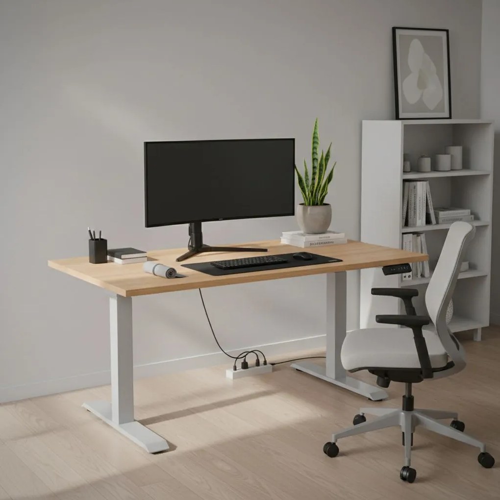 Výškově nastavitelný stůl OfficeTech D, 140 x 80 cm, šedá podnož, dub kraft