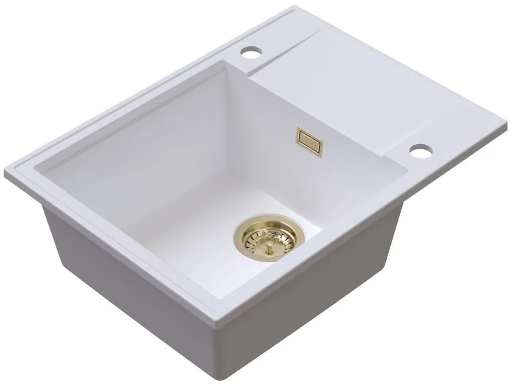 Sink Quality Sink55, kuchyňský granitový dřez 620x460x215 mm + zlatý sifon, bílá, SKQ-SINK.W.1KKO.XG