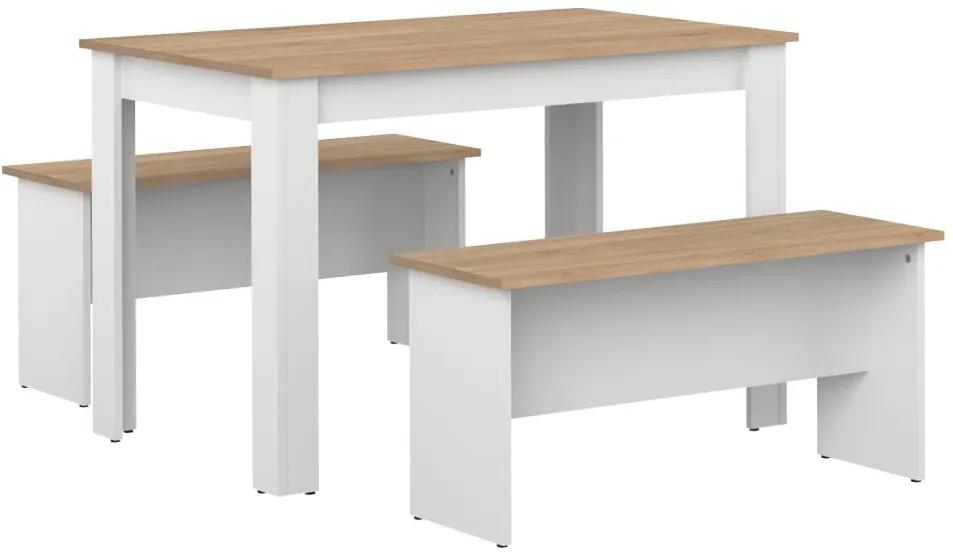 Set bílého jídelního stolu a 2 lavic s deskou v dekoru bukového dřeva Symbiosis Nice