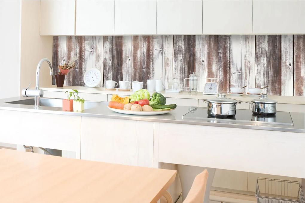 DIMEX | Fototapeta do kuchyně Stíraná dřevěná prkna KI-350-292 | 350 x 60 cm | hnědá, bílá