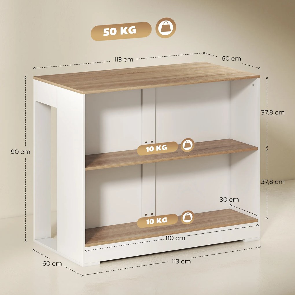 HOMCOM barový stůl, 3úrovňový vysoký stůl se 2 otevřenými přihrádkami, deska v designu přírodního dřeva 113 x 60 x 90 cm bílá