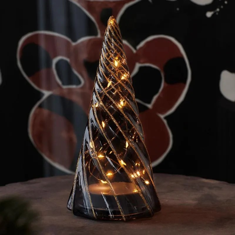 LED svítící stromeček, skleněný, 23,5 × 11,5 cm, černý