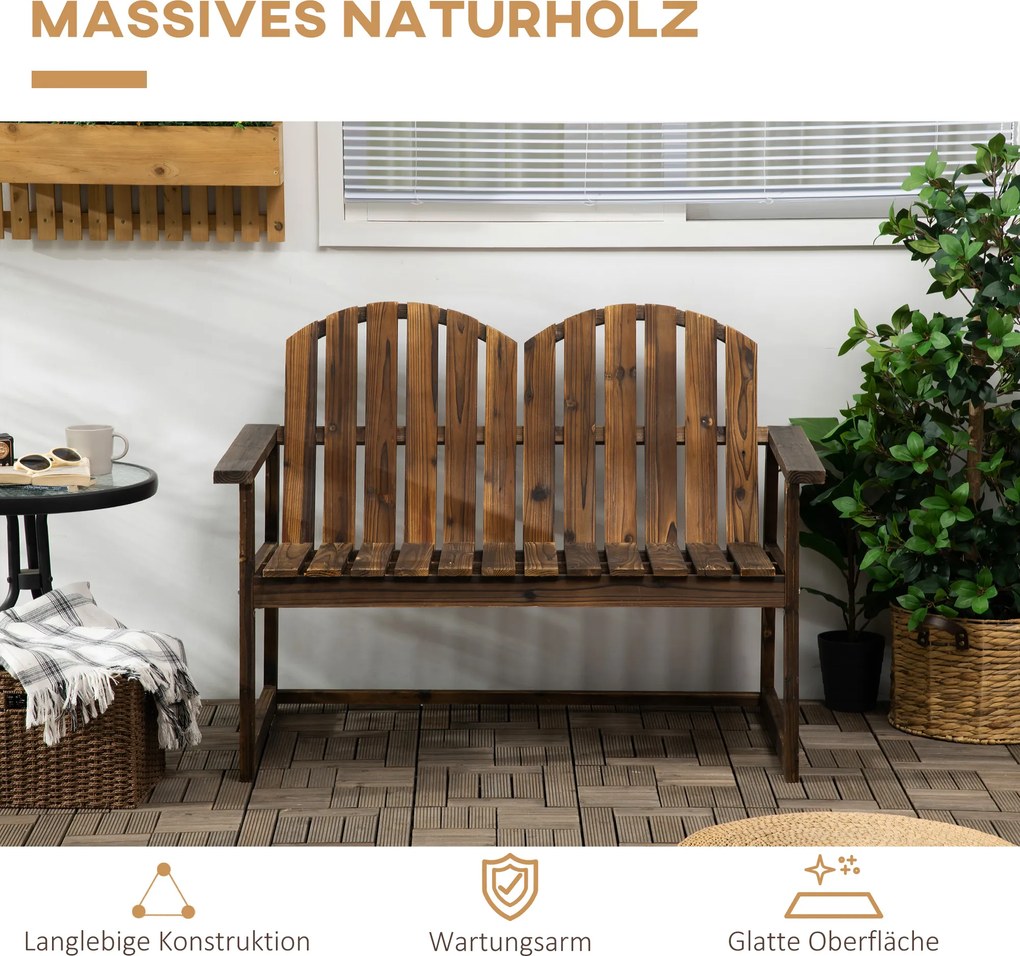 Zahradní lavice Outsunny 2místná dřevěná lavice s opěradlem a područkou, nosnost až 240 kg, pro zahradu a balkon, zuhelnatělá | Aosom.de