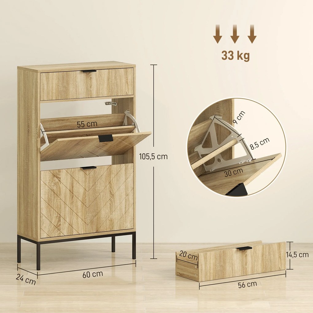 HOMCOM Úzká skříňka na boty se 2 dveřmi – Úložný prostor pro boty s zásuvkou a nastavitelnými policemi pro 8 párů bot 60x24x105,5 cm Dub