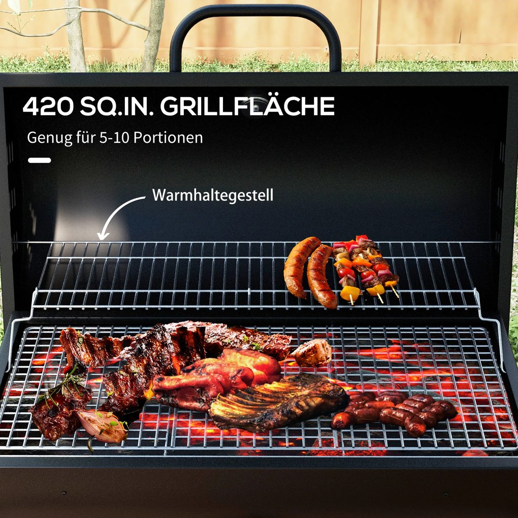 Kovový gril na dřevěné uhlí BBQ udírna s víkem Teploměr Kolečka Grilovací vozík 95x71,5x102 cm Černá barva