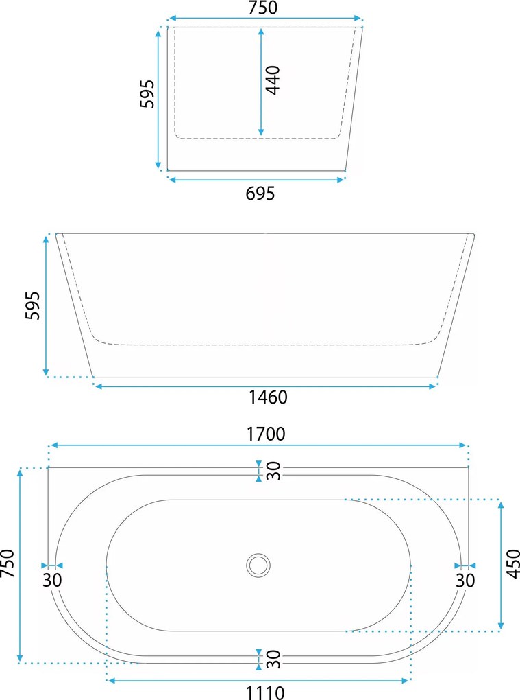 Rea Capri, volně stojící akrylová vana 170x75 cm, bílá, REA-W9801
