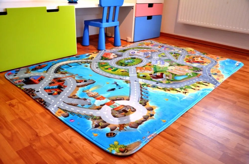 Vopi, Protiskluzový kusový koberec Ultra Soft Město s pláží, 70x95, vícebarevná, dětský pokoj