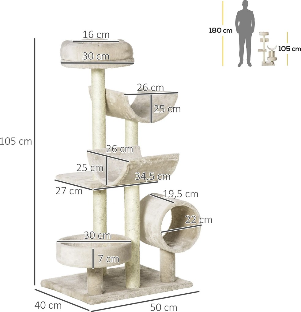 PawHut Kočičí strom, škrábací sloup, škrábací hračky, tunel, béžový L50 x Š40 x V105 cm