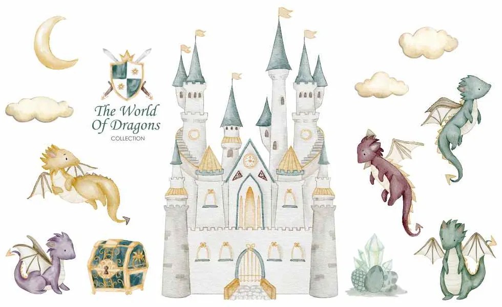 Gario Dětská nálepka na zeď The world of dragons - draci, vajíčka, poklad, diamanty a zámek