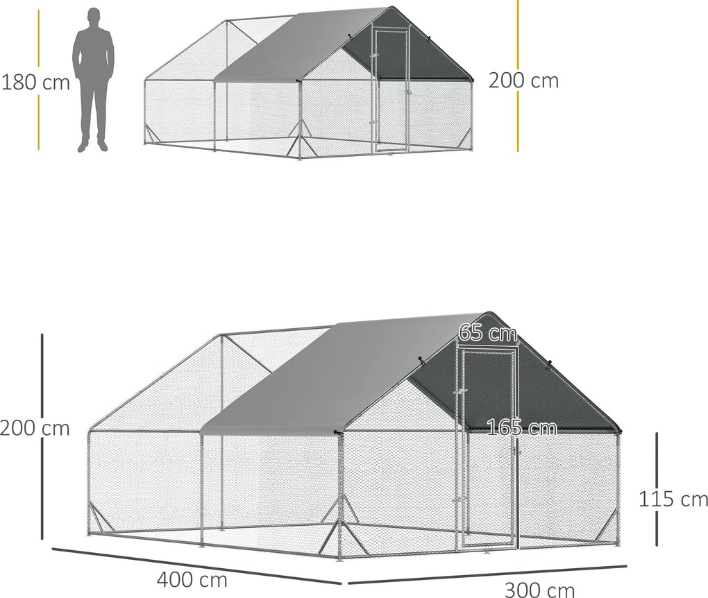 PawHut XXL kurník pro slepice s volným výběhem Drůbežárna se stínící střechou se zámkem pro 8-12 slepic Kachna Králík Ocel 3 x 4 x 2 m
