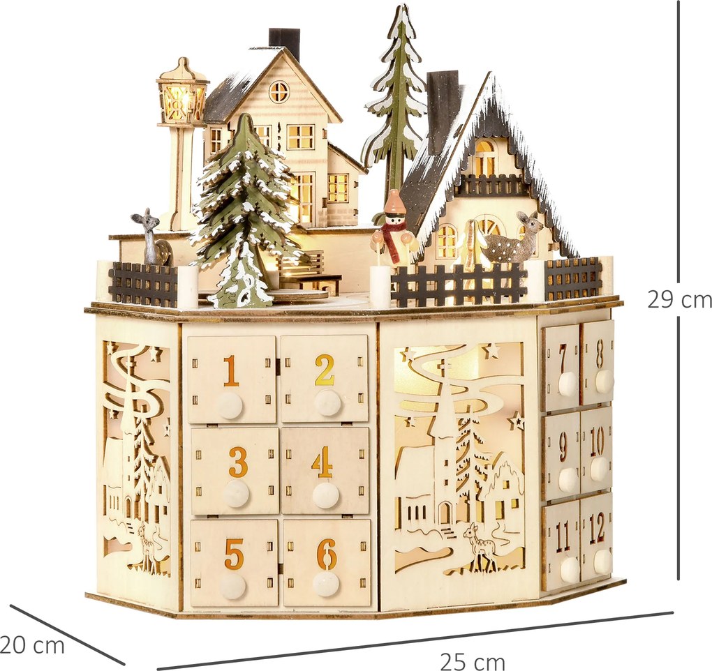 HOMCOM Adventní kalendář, box na adventní kalendář, vánoční dekorace, LED světla, 24 zásuvek, přírodní