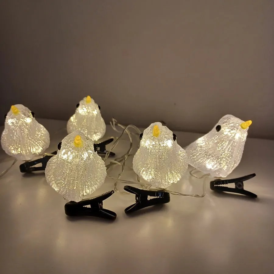 LED svítící ptáčci, akryl, 5 ks, teple bílá