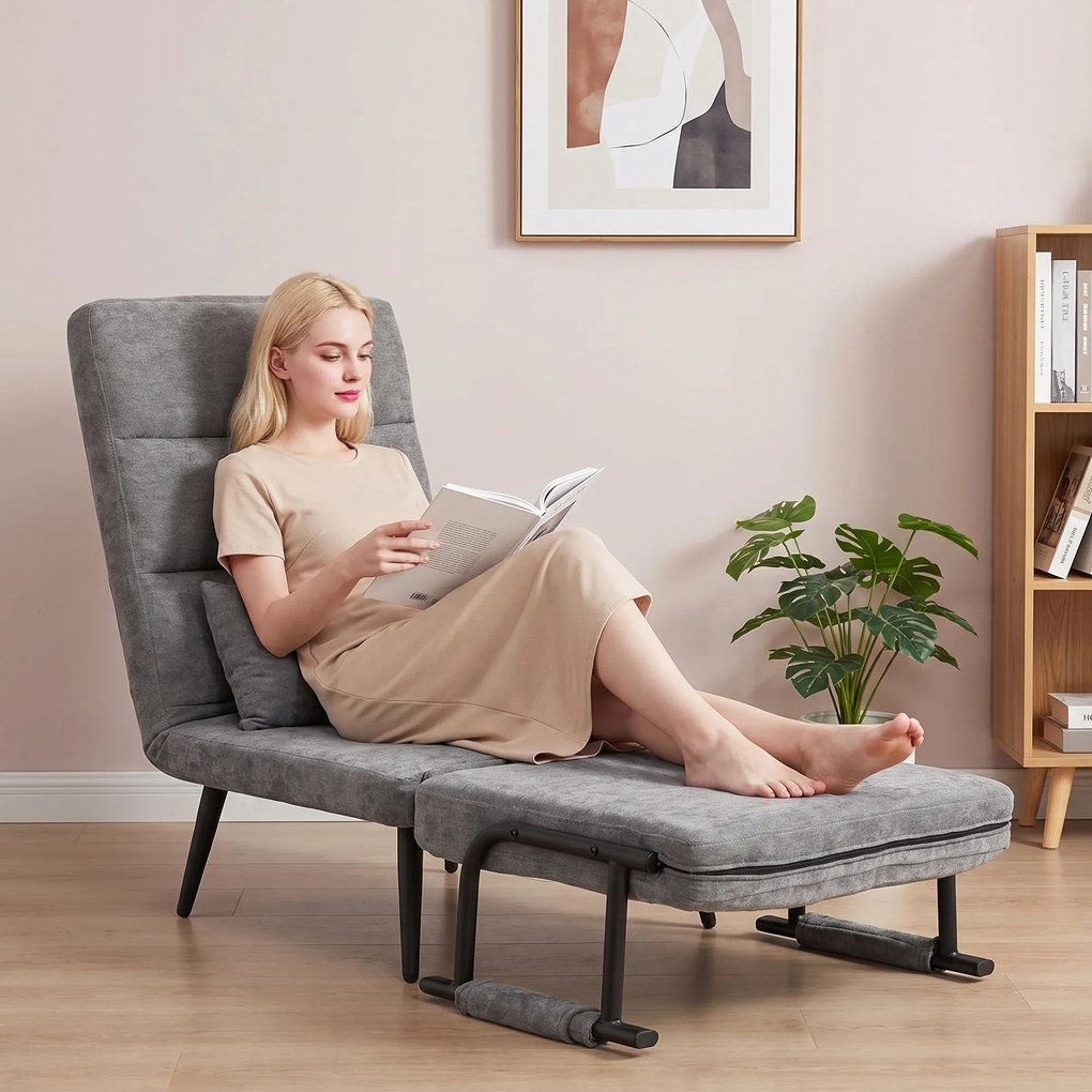 HOMCOM 3v1 rozkládací křeslo — chenille, polohovatelný opěrák Click‑Clack, kovový rám, šedé