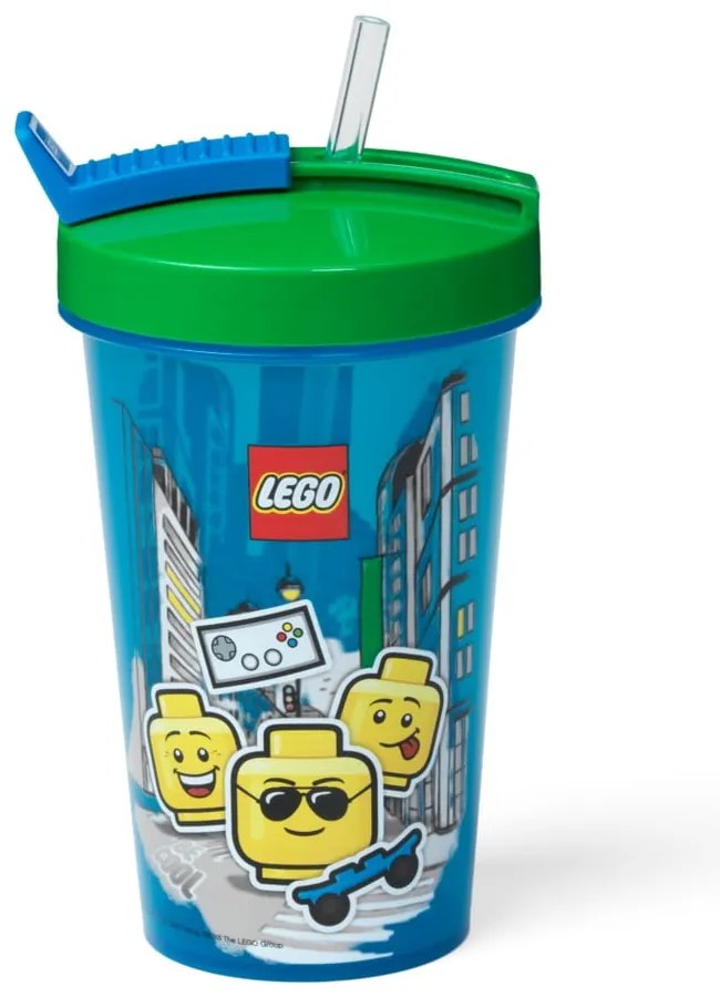 Modrý kelímek se zeleným víčkem a brčkem LEGO® Iconic, 500 ml
