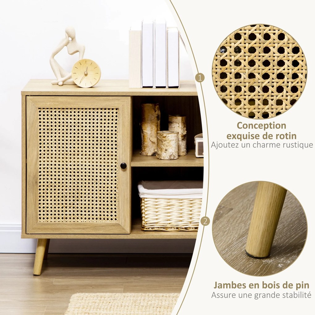 HOMCOM Úložný bufetový kabinet s 1 dveřmi se vzhledem ratanového dřeva - rozměr 80D x 39Š x 70V cm