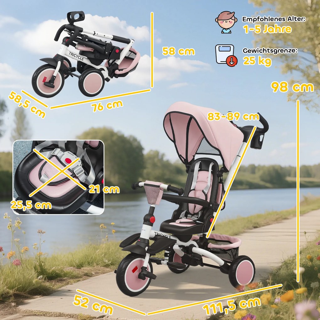 AIYAPLAY Dětská tříkolka, 6-v-1 buggy pro malé děti, s tlačnou tyčí, nastavitelným sedadlem, skládacím designem, bezpečnostní sítí