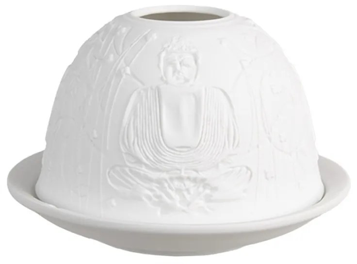 Bílý porcelánový svícen na čajovou svíčku Buddha a bambus – 12x8 cm