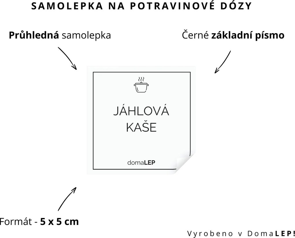 JÁHLOVÁ KAŠE - omyvatelná samolepka na dózu, výběr rozměrů Ø 5 cm / 5 x 5 cm / 6 x 8 cm | DomaLEP tvar: OBDÉLNÍK, barva: PRŮHLEDNÁ - ČERNÉ písmo, velikost: š. 6 cm x v. 8 cm – základní písmo