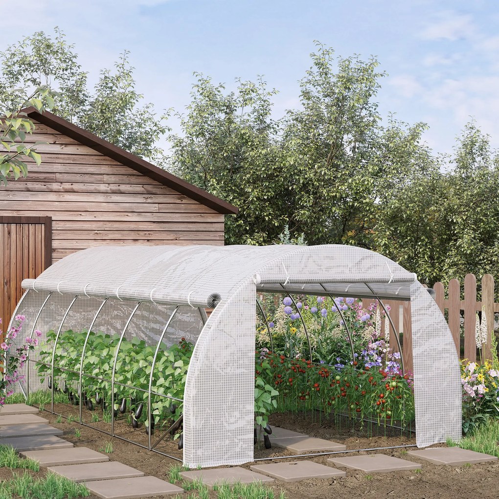 Zahradní skleník Outsunny 6x3x2 m Tunnellový skleník s dveřmi a 12 rolovacími okny pro terasu Bílý