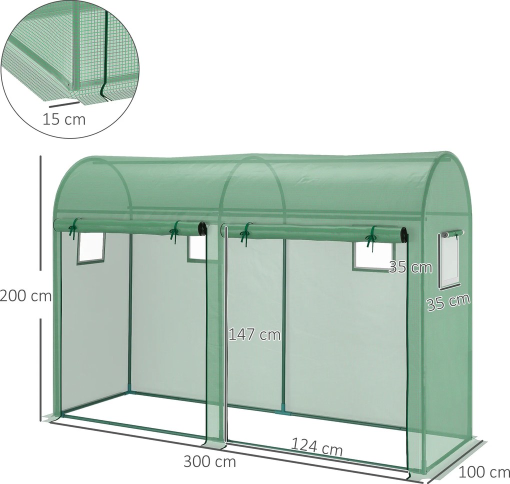 Fóliový skleník Outsunny Skleník na rajčata 300 x 100 x 200 cm se 4 okny a 2 dveřmi z PE plastu a oceli, ideální pro zahradu a zahradní centrum