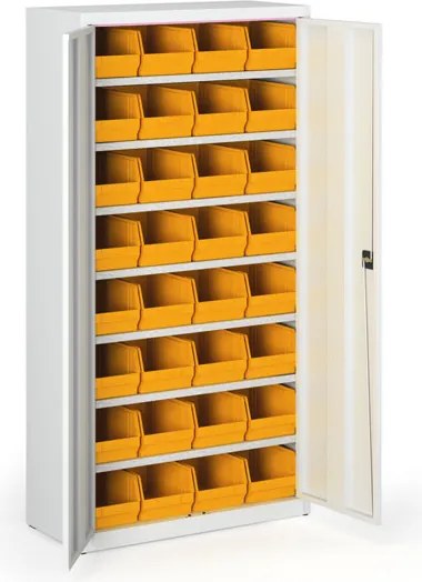 Skříň s plastovými boxy BASIC - 1800 x 400 x 920 mm, 32xC, šedá/šedé dveře