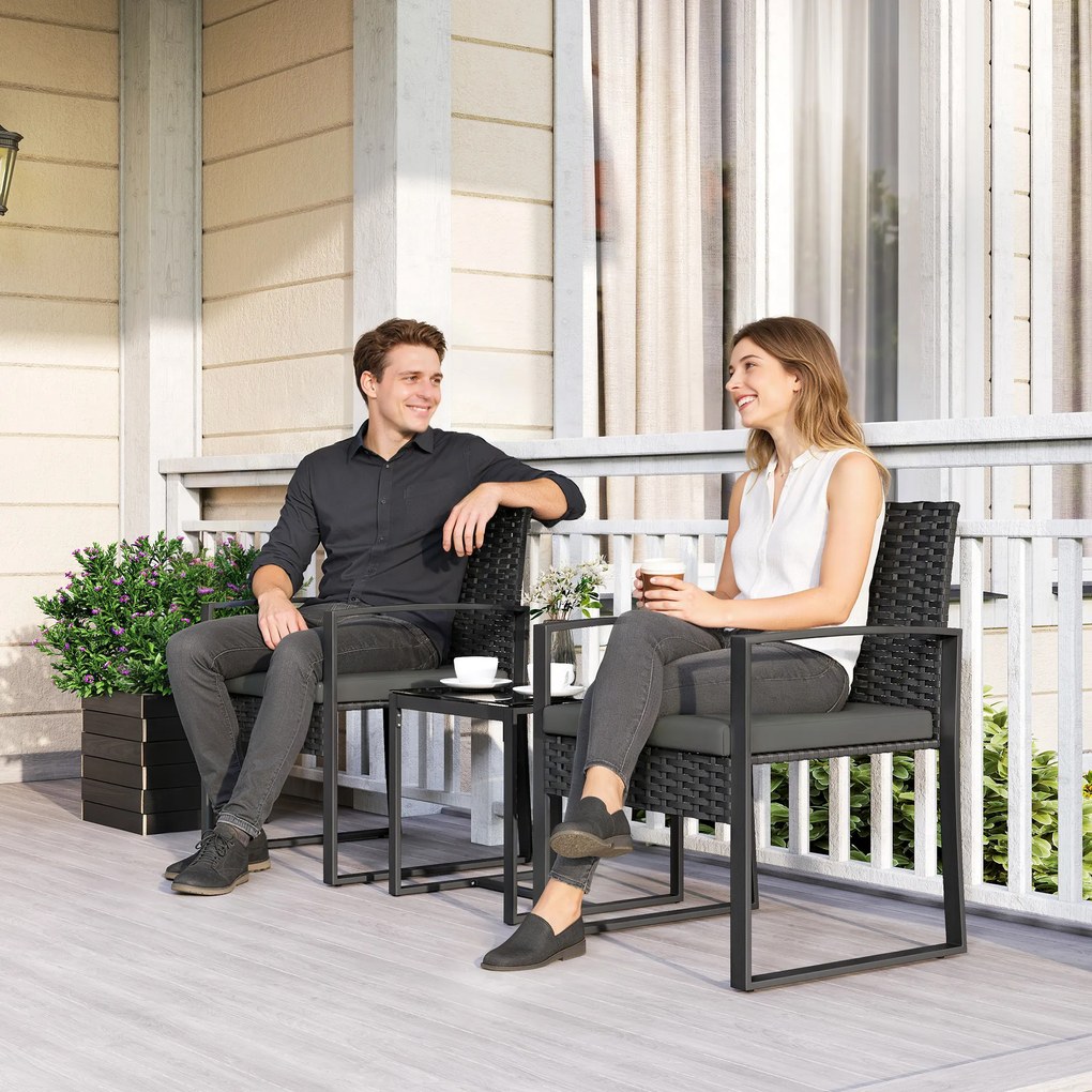 Ratanový bistro set, 3dílná sada zahradního nábytku se 2 zahradními židlemi, konferenčním stolkem, odnímatelnými polštáři tmavě šedá