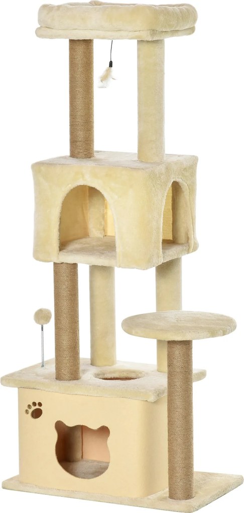 PawHut Velký Škrabací Strom pro Kočky 60x34x136 cm s Platformami, Hřejivými Jeskyněmi, Odnímatelnými Jutovými Sloupky a Visacím Míčkem Bežová