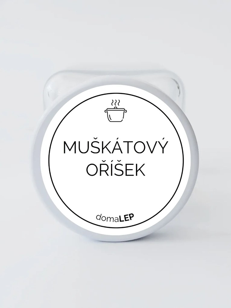 Samolepka na kořenky MUŠKÁTOVÝ OŘÍŠEK bílá 5 cm základní písmo