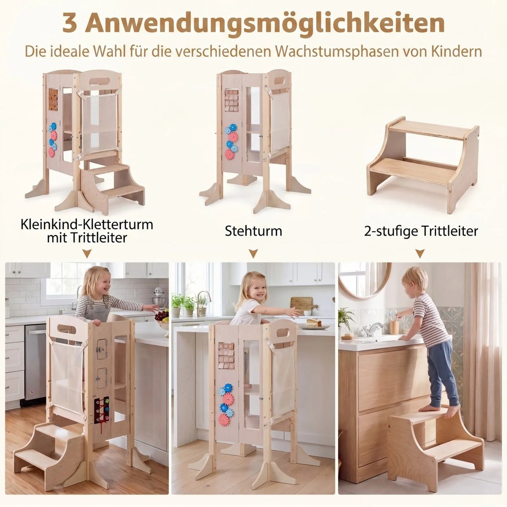 Costway Skládací výuková věž 3 ve výukové židli 1 Montessori s tabulí, ochranou