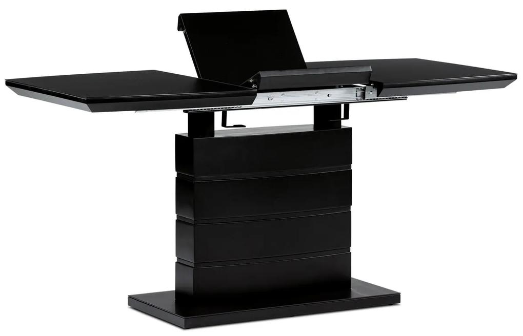 Jídelní stůl HT-420 BK, rozkládací 110+40x70 cm, černé sklo a MDF černý matný lak