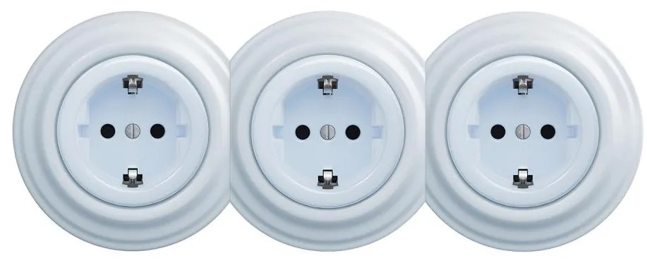 Kliklap - Trojitá retro zásuvka domovní s rámečkem SCHUKO 230V modrá KA0027+2xKA0026+3xKA0108