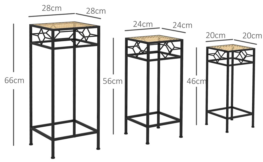 Outsunny stojan na rostliny 3-dílný stohovatelný držák na květináč s ratanovým vzhledem pro zahradu balkon kov zlatý | Aosom.de