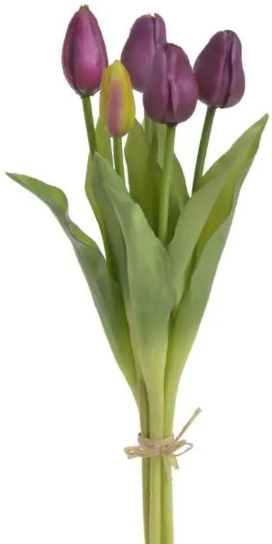 Umělé latexové tulipány fialové- 38 cm, svazek 5 ks